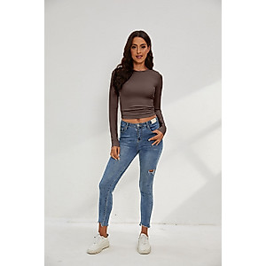 KAMISSY Women’s Workout Long Sleeve Yoga Basic Tee Shirt Casual Round Neck Slim Athletic Running Solid T-Shirt Top Coffee