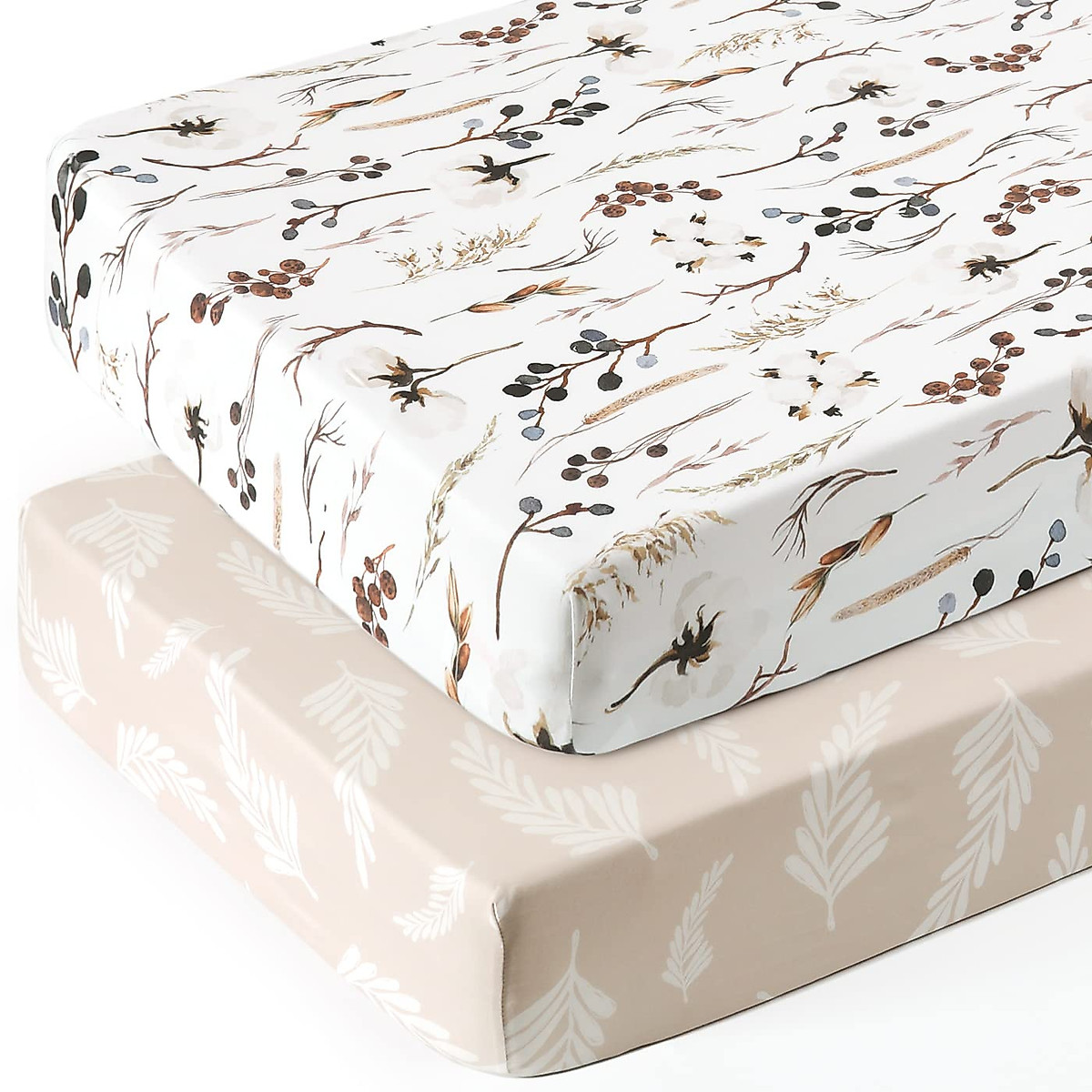 Stretch Ultra Soft Jersey Knit Fitted Crib Sheets Set 2 Pack, Fits All Standard Crib Mattress Pads Safe and Snug, Stylish Pretty Flora for Baby, Beige