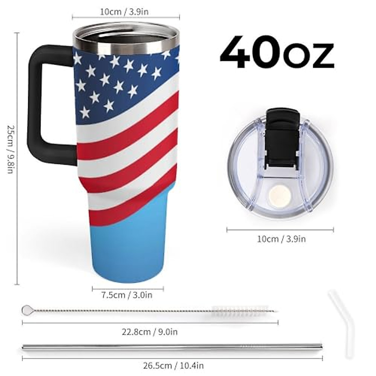 Water Bottle with Lid And Straw, Large Capacity Red Blue White American Flag 40 oz Travel Stainless Steel Cups, Handle Insulated Tumblers for Men, Women
