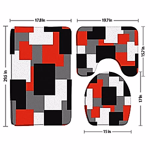FEIERMAN 3 Pcs Red Black Bath Mat White Gray Abstract Geometry Pattern Microfiber Memory Foam Bath Kitchen Living Room Foyer Decor Rug 18x30 Inch