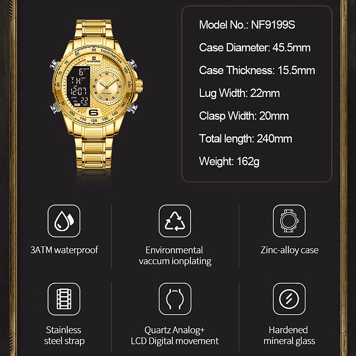 NAVIFORCE Watch for Men Dual Display Digital Quartz Watches Multifunctional Business Stainless Steel Wristwatch