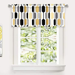 DriftAway Riley Geo Lined Window Curtain Valance Mid Century Geometric Pattern 2 Layers Rod Pocket 52 Inch by 18 Inch Plus 2 Inch Gold Black Gray