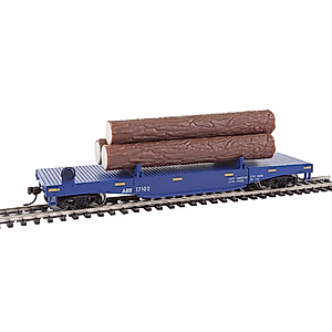 Walthers Trainline HO Scale Model Log Dump Car with 3 Logs - Ready to Run Alaska Railroad #17102 (Blue, Yellow Conspicuity Marks)