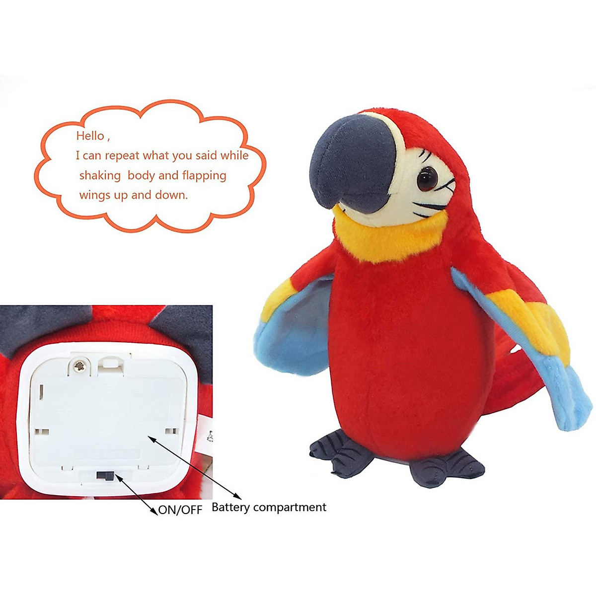 Kuchung Talking Parrot Repeat What You Say Stuffed Animal Plush Toy Macaw Funny Learning Good Electronic Record Animated Bird Shake Wings Speaking Pet Interactive Toys, Red