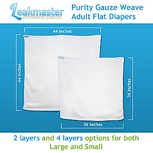 Purity Adult Flat Cloth Diapers by LeakMaster - Soft, Absorbent & Durable 100% Cotton Gauze Weave Fabric. Made in The USA - X-Large Size 44x44 Inches - 4 Layered