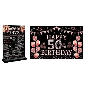 Trgowaul 50th Birthday Decorations Set: Includes Rose Gold Birthday Backdrop Banner 5.9 X 3.6 Fts, Rose Gold Back in 1973 Birthday Poster Acrylic Table Sign with Stand