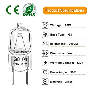G8 Halogen Bulb 20W 120V Dimmable T4 JCD Type G8 Base Bi-Pin Xenon Bulb for Under Cabinet Puck Lights, Kitchen Hood, Landscape Lights, Warm White 2700K (10 Pack)