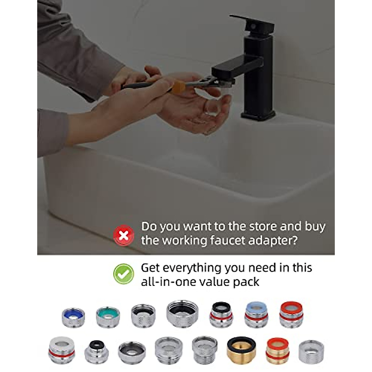 Hibbent 15 Pieces Faucet Adapter Kit, Brass Aerator Adapter Set for Faucet Tap with Removable Aerator to Connect Garden Hose, Aerator, Water Filter Adapter for Faucet Sink - Male/Female, Chrome