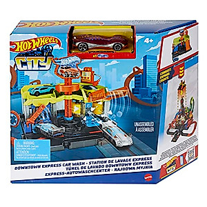 Hot Wheels City Toy Car Track Set Downtown Express Car Wash Playset with 1:64 Scale Car, Foam Roller & Drying Flaps