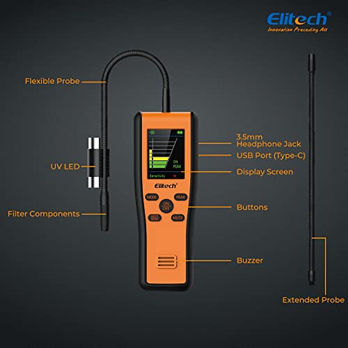 Elitech Refrigerant Leak Detector, Infrared & Heated Diode Sensors in 1 Unit, HVAC Halogen Gas Sniffer, Anti-interference, Reach SAE Standards, IR-200