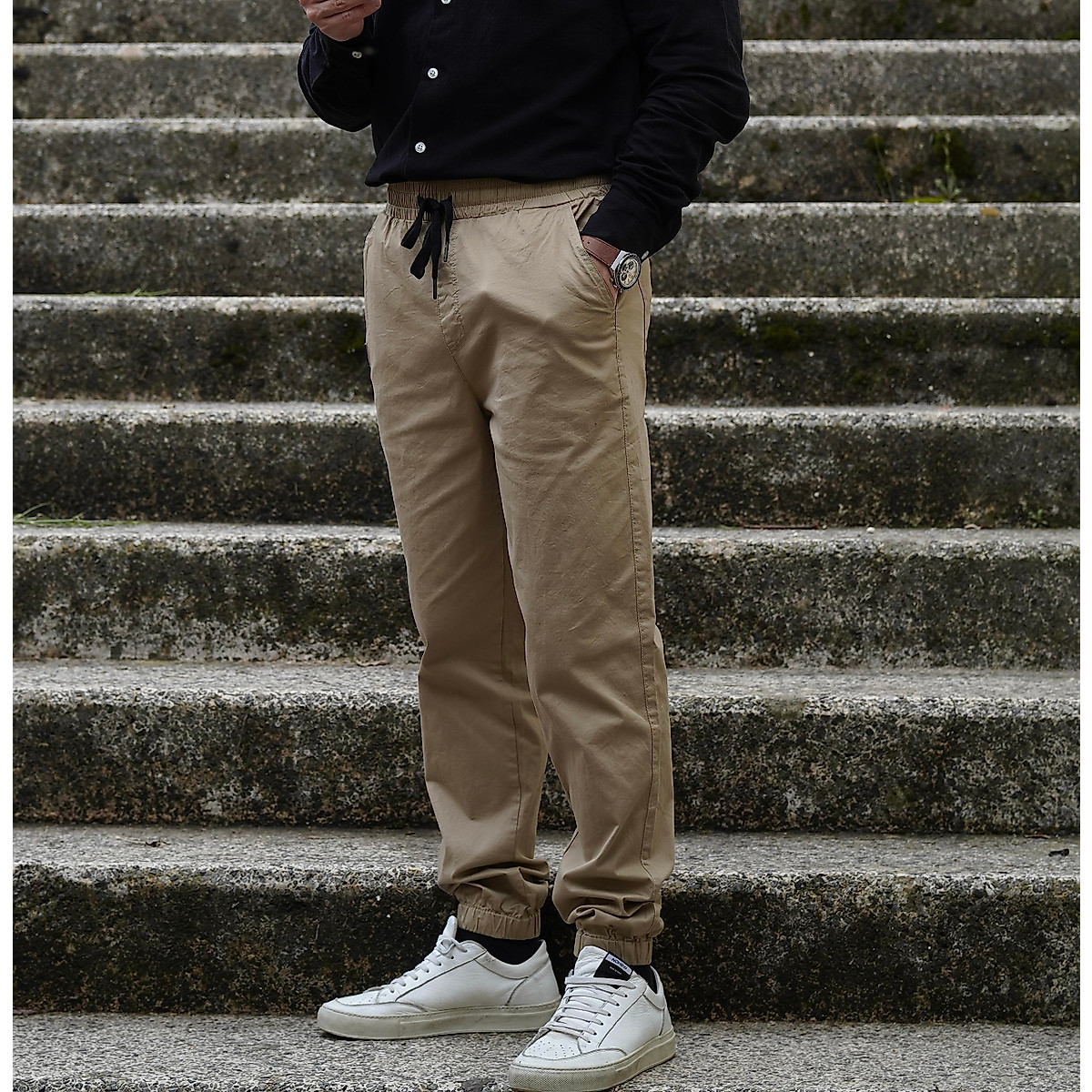 JMIERR Men's Casual Joggers Pants - Cotton Drawstring Chino Cargo Hiking Outdoor Twill Track Sweatpants with Pockets, Relaxed Fit, US 34(M), Khaki.