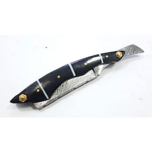 Qureshi Knifes Damascus Steel Straight Razor fixed Blade Camel Bone with Leather Sheath Belt Loop. STR-24001