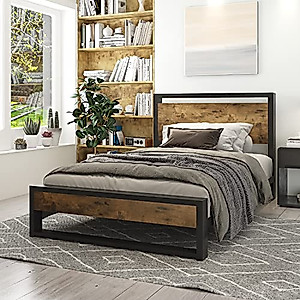 IMUsee Twin Bed Frame with Wood Headboard, Rustic Farmhouse Twin Platform Bed Frame for Kids with Heavy Duty Strong Metal Slats Support, Modern Bed Framework, No Box Spring Needed, Easy Assembly