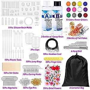 Thrilez 219Pcs Resin Kit for Beginners, Resin Mold Kit with Resin Molds Silicone and Epoxy Resin Supplies Include Dried Flowers, Foil Flakes, Necklace Cord, Earring Hooks for DIY Jewelry Making