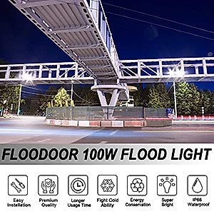 Floodoor 100W LED Flood Lights Outdoor, 10000LM Super Bright Flood Light with Plug, IP66 Waterproof Safety Work Lights for Yard, Garden, Playground, Basketball Court (2 Pack)
