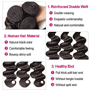 Aopusi Human Hair Bundles with Closure (22 24 26+20，Free Part) Body Wave Bundles with Lace Closure Brazilian Human Hair Weave Bundles with Closure Virgin Hair Weft 150% Density Natural Color