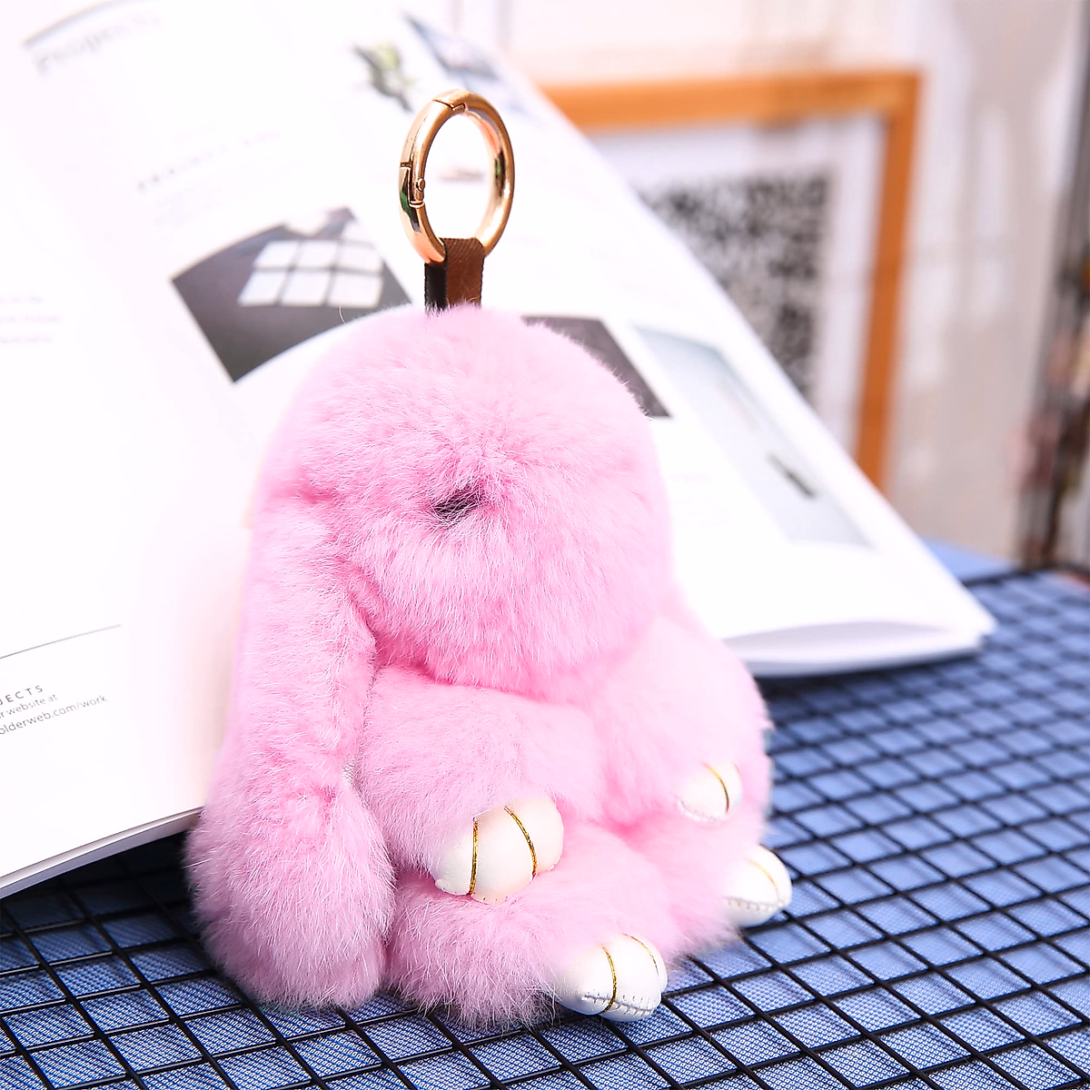 YISEVEN Bunny Stuffed Animal Plush Toy Rabbit Fur Keychain Fluffy Soft Cute Fuzzy Accessories Furry Ball Key Chain Gift for Women Teens Girls Kids Backpack Purse - Pastel Pink