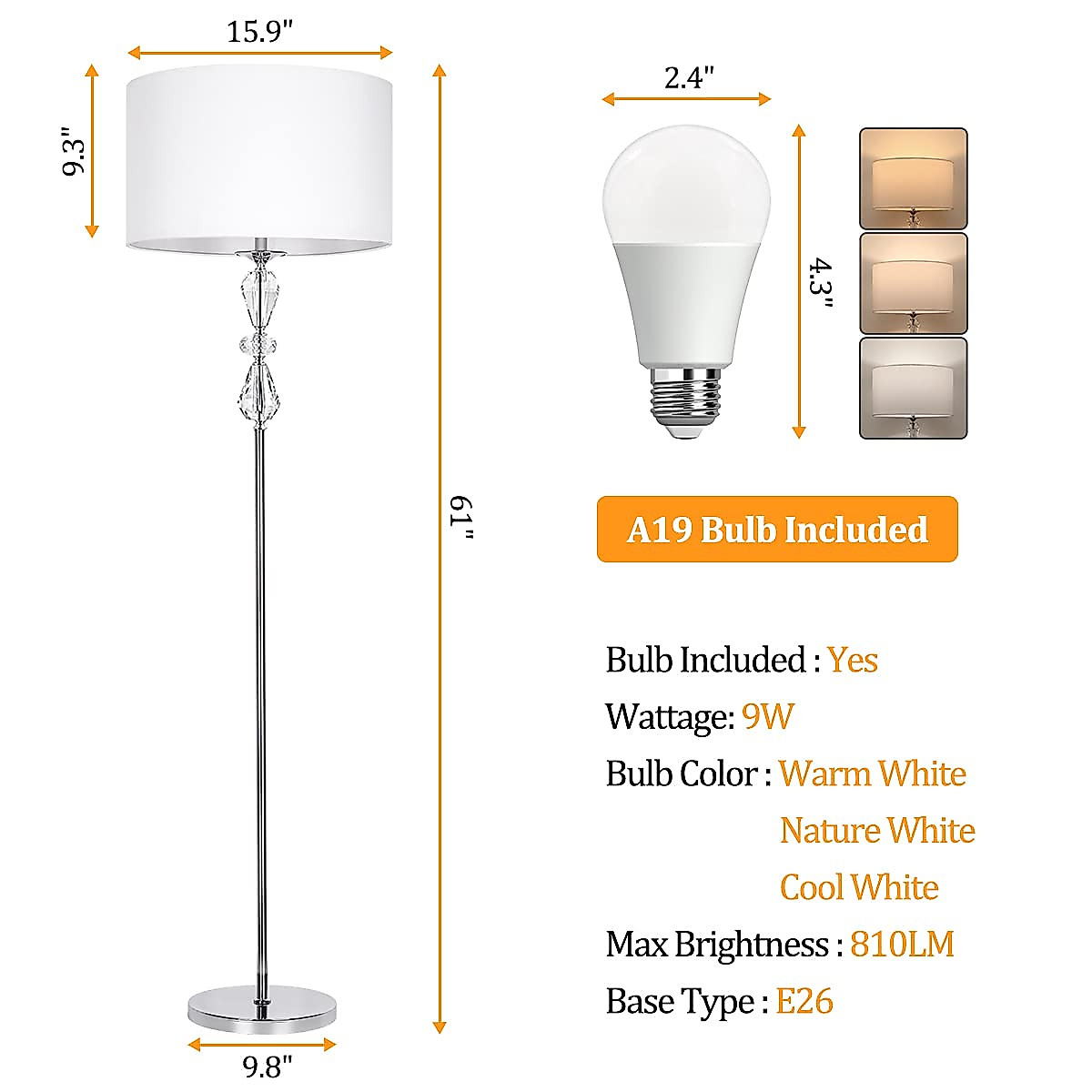 Dott Arts Floor Lamp for Living Room, Modern Standing Lamp with Dimmer, Crystal Reading Floor Lamp Silver Corner Light for Bedroom, Bright 8W Bulb Included