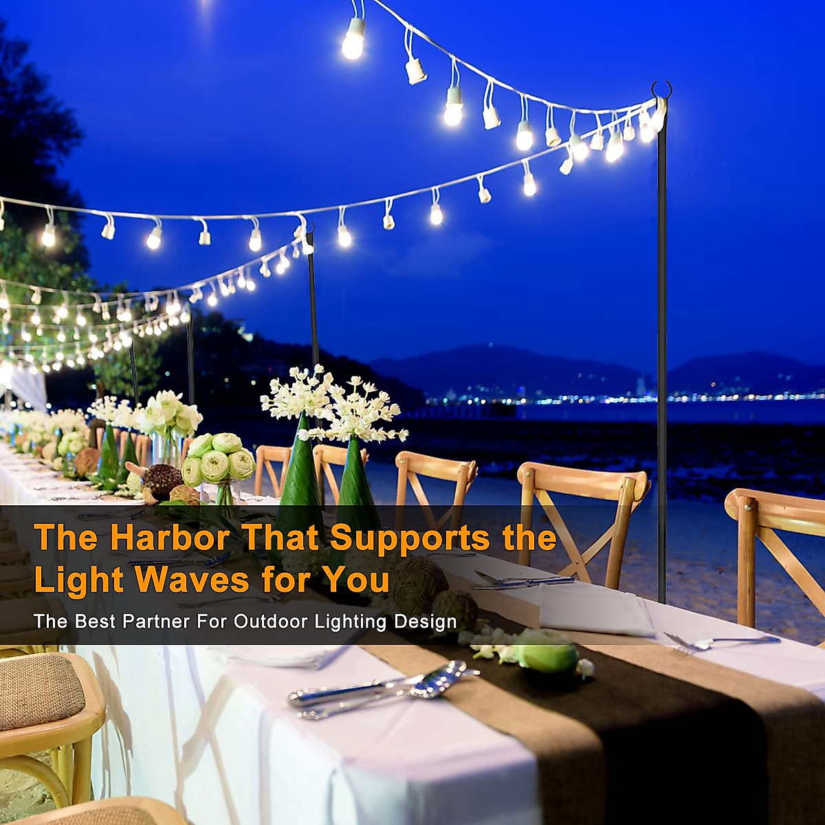 String Light Poles for Outside, 2 Pack 9ft 5 Prong Base Poles for Outdoor String Lights with Hooks- Garden, Backyard, Patio Light Poles for Wedding Party Deck Christmas