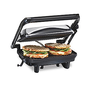 Hamilton Beach Electric Panini Press Grill with Locking Lid, Opens 180 Degrees for any Sandwich Thickness (25460A) Nonstick 8" X 10" Grids Chrome Finish, Medium