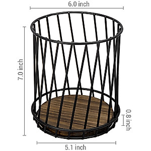MyGift Modern Wire Utensil Holder, Decorative Matte Black Metal Kitchen Utensils Crock with Rustic Burnt Solid Wood Base, Countertop Round Basket Style Cooking Tools Holder
