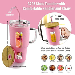 32 oz Glass Tumbler with Bamboo Mug 2 Straws & 2 Lids, Reusable Glass Water Bottles with Handle, Iced Coffee Cup with Silicone Sleeve, Boba and Drinking Straw Fits in Car Cup Holder BPA Free,Pink