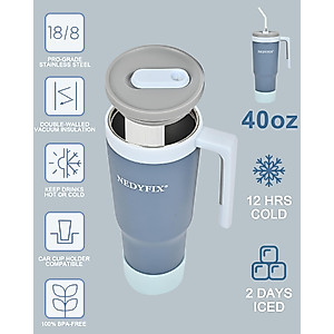 Nedyfix 40 oz Tumbler with Handle and Straw Stainless Steel Water Bottle Car Cup Holder Friendly Travel Mug Cup-Dark Blue