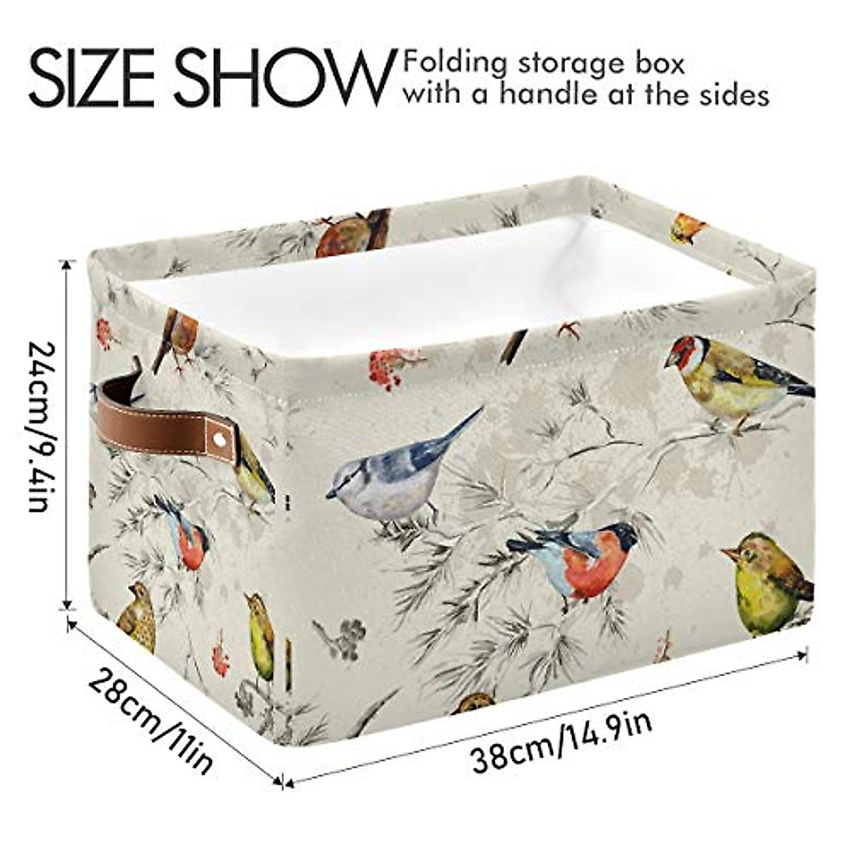 HMZXZ Retro Spring Summer Birds Canvas Fabric Storage Basket Collapsible Toys Storage Bin with PU Leather Handles Basket Box Organizer for Wardrobe Closet Shelves Organiser
