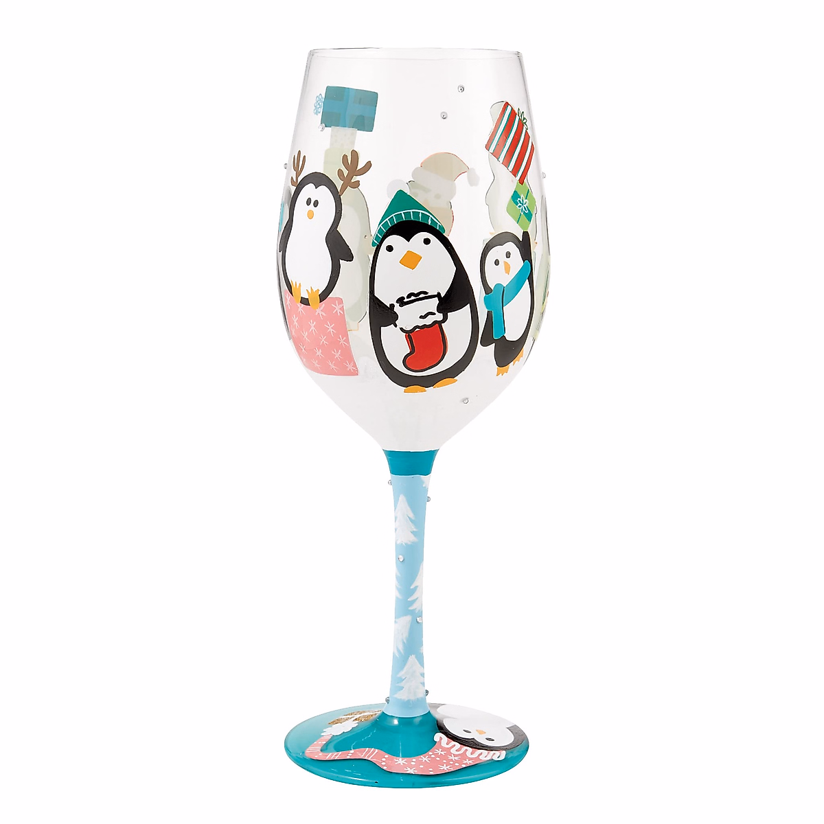 Enesco Designs by Lolita Holiday Penguins and Presents Hand-Painted Artisan Wine Glass, 15 Ounce, Multicolor