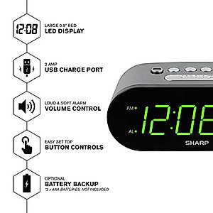 SHARP Digital Easy to Read Alarm Clock with 2 AMP High-Speed USB Charging Power Port - Charge Your Phone, Tablet with a high Speed Charge! Simple, Easy to Use Operation, Black – Green LEDs