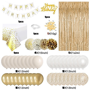 Gold Birthday Decorations, Gold Party Decorations, White and Gold Balloons Happy Birthday Banner Tablecloth Fringe Curtain Paper Pom Poms for Kids Women Men Girls Boys Birthday Golden Birthday Decor