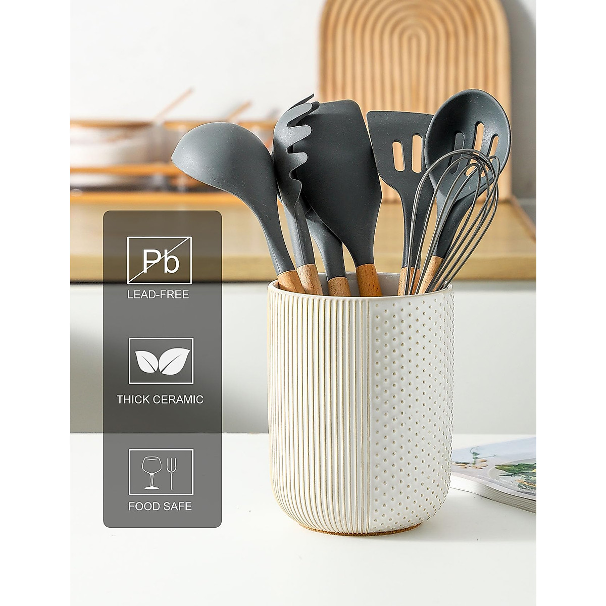 Seyatoo Kitchen Utensil Holder for Countertop, Ceramic Utensil Holder with Cork Mat, Utensil Crocks, Kitchen Tool Holder, Cooking Utensil Holder Organizer for Spatula, White