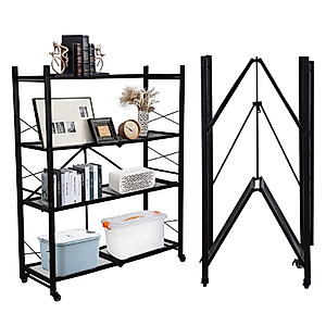 Foldable Shelves 4 Tier Heavy Duty Metal Storage Shelves with Wheels - No Assembly Collapsible Shelving Unit for Kitchen Garage Hold up to 1000 lbs