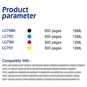 EASYPRINT Compatible LC75 Ink Cartridge Replacement for Brother LC-75 LC71 LC79 MFC-J6910CDW/J6710CDW/J5910CDW/J825N/ DCP-J525N/J540N/J740N Printer, (8 Black, 4 Cyan, 4 Magenta, 4 Yellow, 20 Pack)