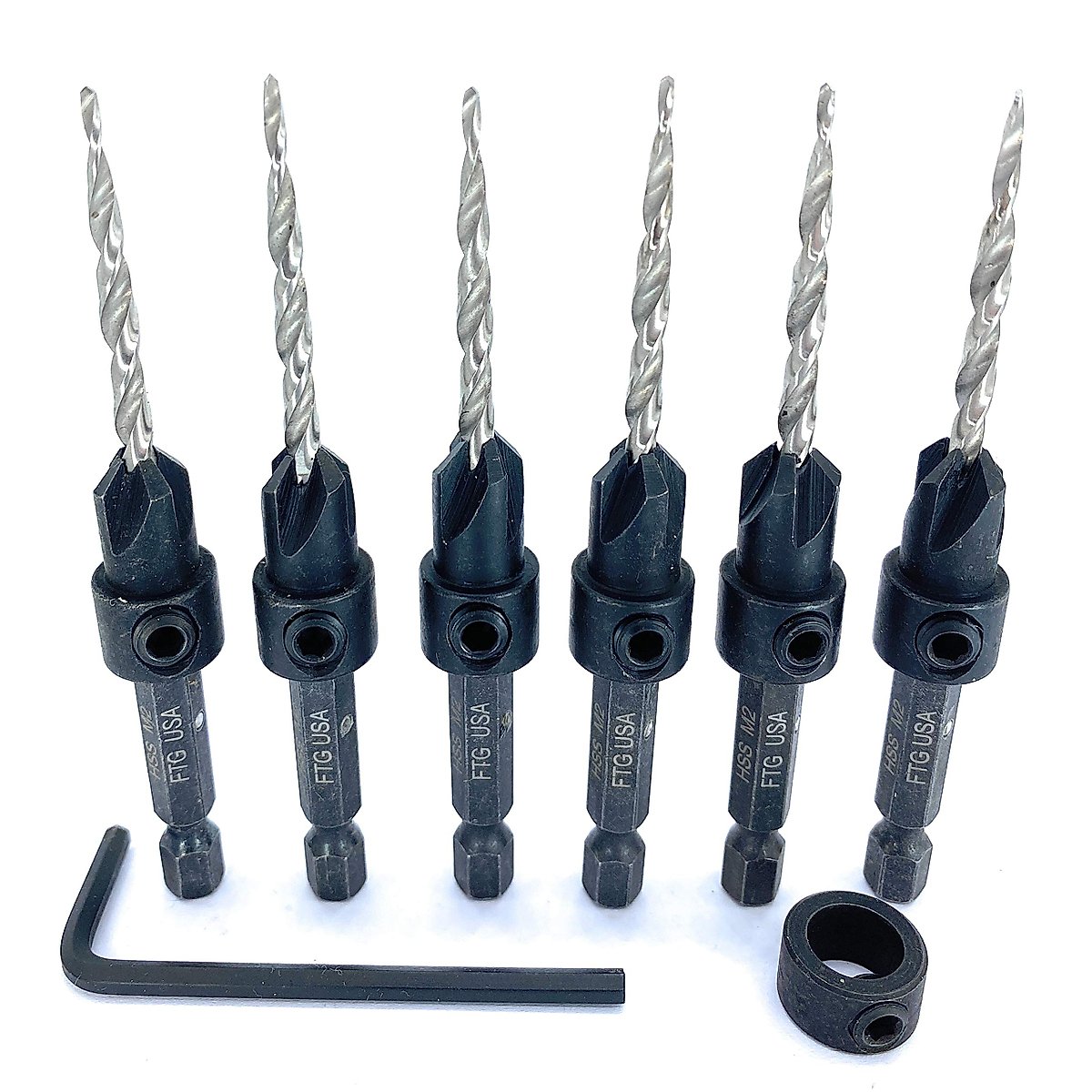 FTG USA Countersink Drill Bit Set 6 Pc #6 (9/64") Wood Countersink Drill Bit Pro Pack Countersink Set, with 3 Replacement Tapered Countersink Bit #6(9/64"), 1 Stop Collar, Hex Wrench