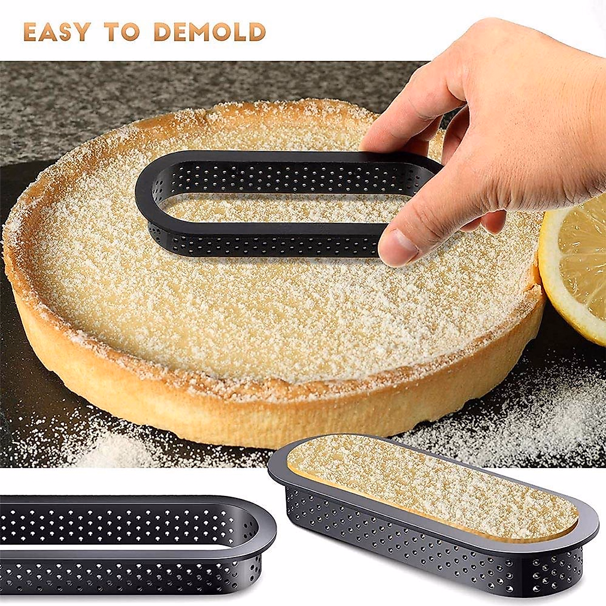 8pcs Oval Tart Ring Mousse Circle Tart Ring Round Cake Molds Cake Rings Mousse Mold Cake DIY Baking Mould Tool Perforated Ring Non Stick Bakeware(Black-Oval)