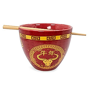 Boom Trendz Year Of The Ox Chinese Zodiac Ceramic Dinnerware Set | Includes 16-Ounce Ramen Noodle Bowl and Wooden Chopsticks Asian Food Dish For Home & Kitchen Kawaii Lunar New Gifts red One Size