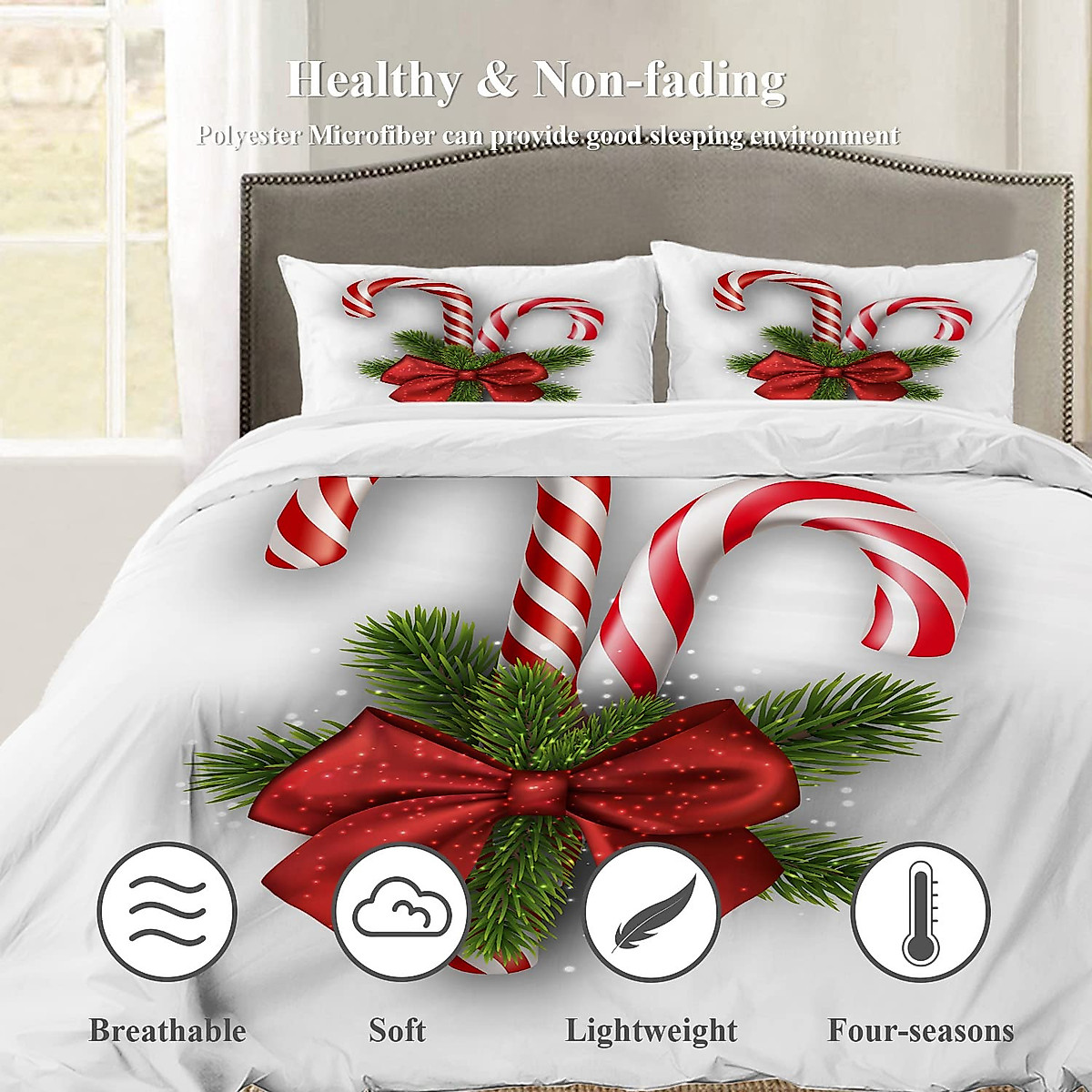 Shrahala Red Festival Christmas Duvet Cover Set King Size, Green Candy 3 Pieces Soft Brushed 100% Cotton Duvet Covers with Button Closure, 1 Duvet Cover 104x90 inches and 2 Pillow Shams