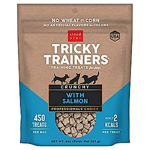 Cloud Star Tricky Trainers Crunchy Dog Training Treats 8 oz Pouch, Salmon Flavor, Low Calorie Behavior Aid with 450 treats