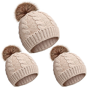 3 Pcs Parent Child Hat Knitted Baby Beanie Mother Daughter Hat Warm Knit Hat Pom Pom Parent Baby Beanie Hats for Winter (Beige)