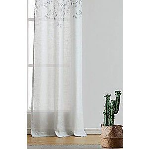 Central Park Leaf Floral Print Metallic Sheer Linen Window Curtain Panel for Rustic Living Room/Bedroom Sparkling Decorative 6 Grommets Top Drape Farmhouse Curtains,Gray Tan,40" x 95"x2, 2 PK