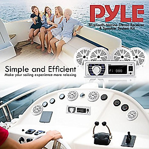 Pyle Marine Radio Receiver Speaker Set 12v Single Din Style Bluetooth Compatible Waterproof Digital Boat In Dash Console System with Mic 4 Speakers, Remote Control, Wiring Harness PLMRKT38W (White)