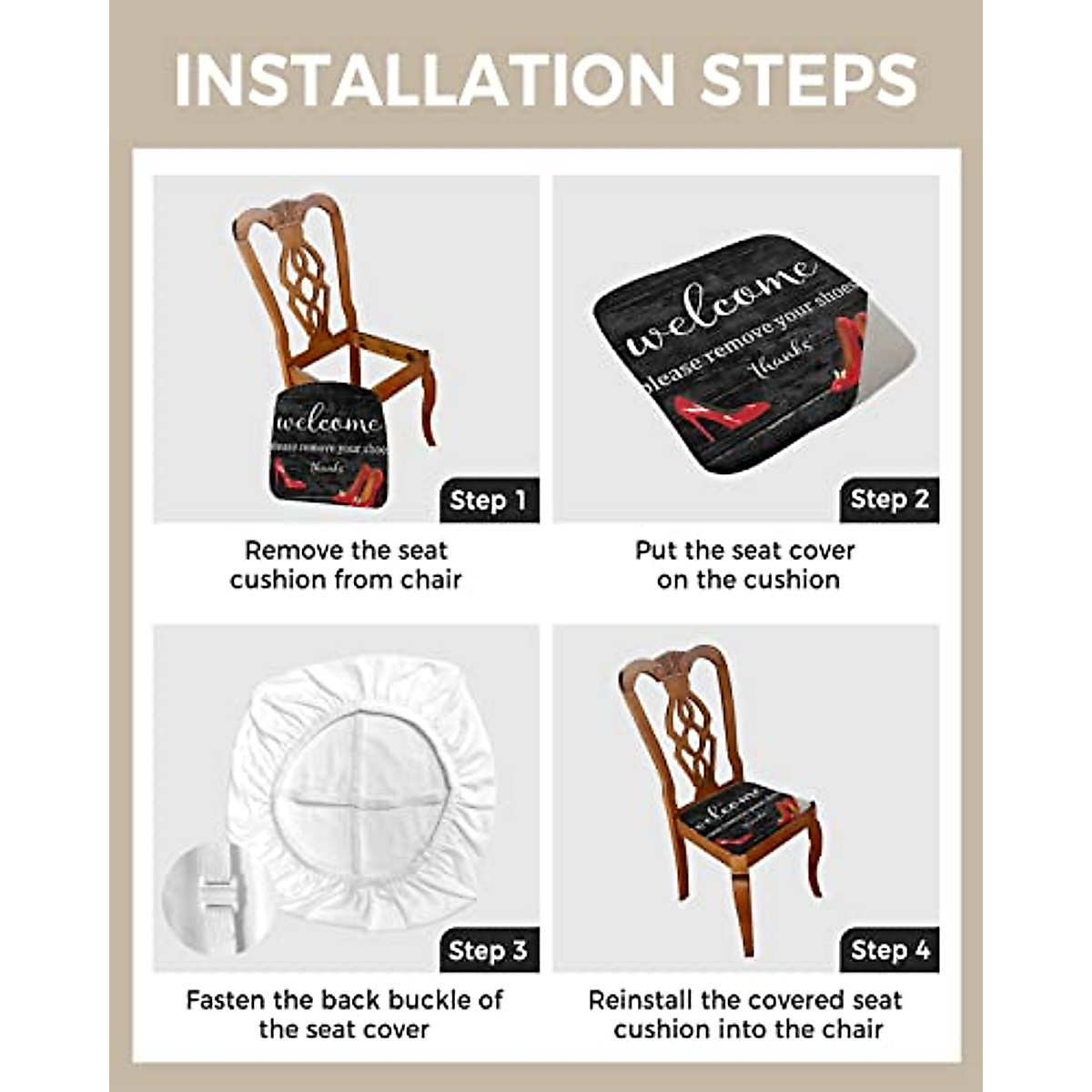 Chair Covers for Dining Room Set of 2, Removable Washable Office Chair Cover, Welcome Red High Heels Vintage Wood Grain Background Chair Cushion Covers for Bar Stool Kitchen 13.4"-18"