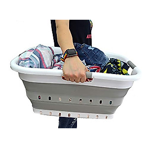 SAMMART 41L (10.8 gallon) Collapsible 3 Handled Plastic Laundry Basket - Foldable Pop Up Storage Container/Organizer - Portable Washing Tub - Space Saving Hamper/Basket (3 handled rectangular, White/Grey)