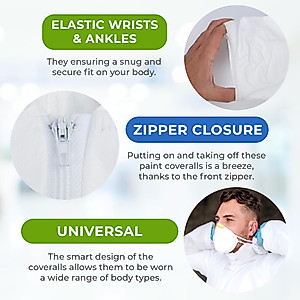AMZ Disposable Coveralls with Hood, 3X-Large. Pack of 5 White Microporous Lab Coveralls Disposable. 60 GSM Painters Suit Disposable with Storm Flap Zipper Cover. Painters Suit Disposable. Hazmat Suit
