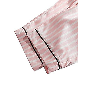 WDIRARA Women's Silk Satin Pajama Set 4 Pieces Sleepwear Loungewear Pj Sets Pink Striped L