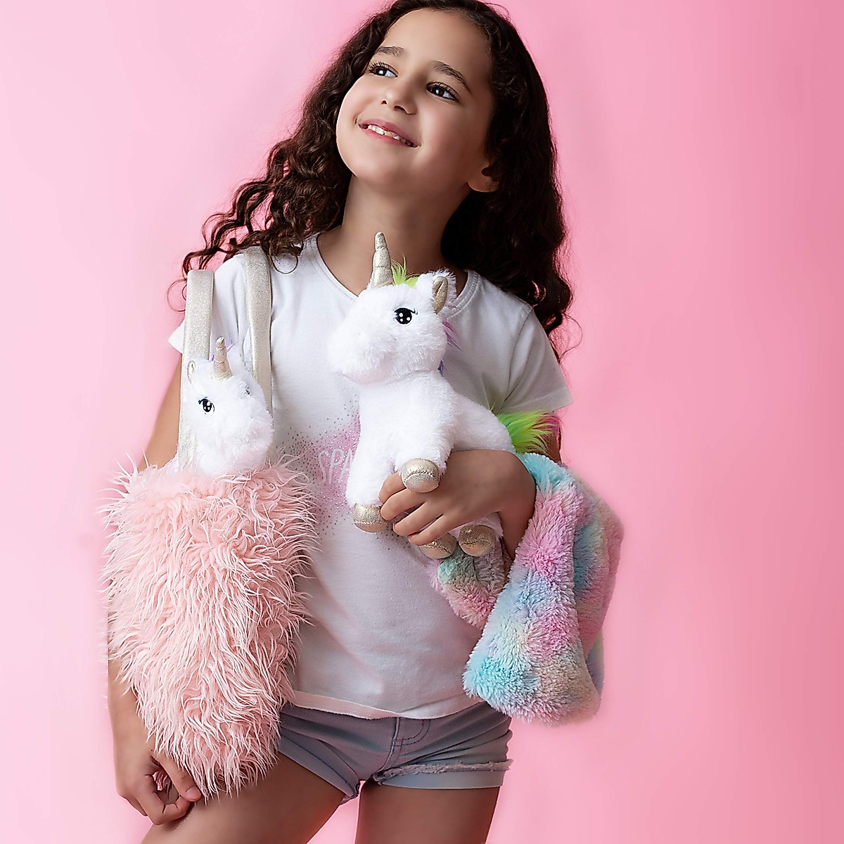 Perfectto Design Unicorn Toy for Girls Age 3-10; 4 PCS Set - Mommy and Baby Stuffed Animals, Bag and a Doll Blanket. Unicorn Gift for 3-8 Year Old Birthdays and Christmas