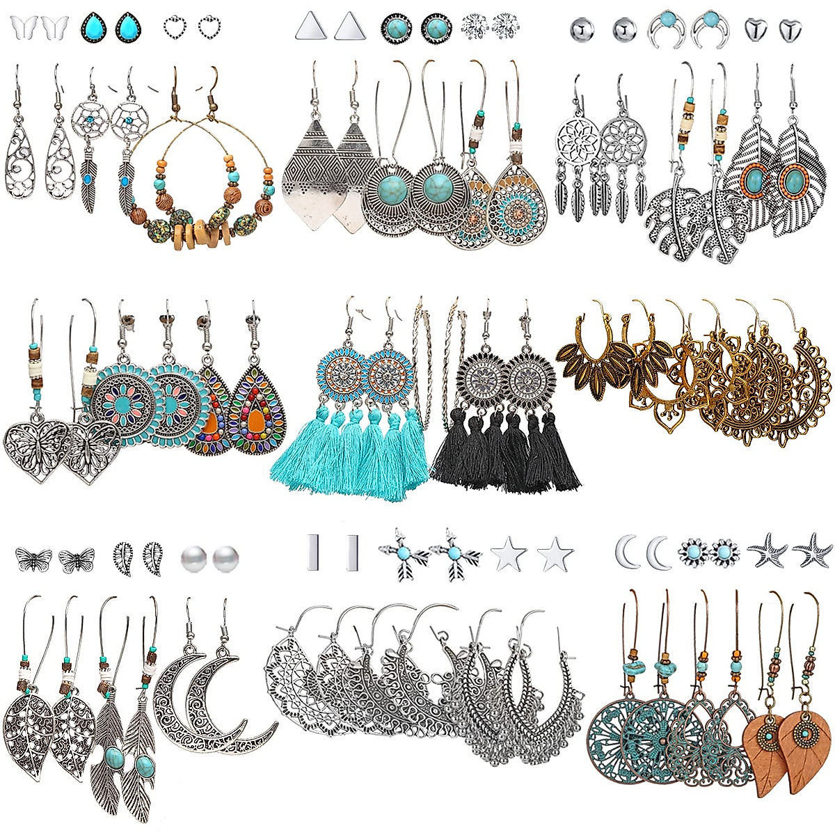 45 Pairs Fashion Hollow Drop Dangle Earrings Set for Women Girls Bohemian National Style Eardrop with Bronze Waterdrop Leaf Feather Shaped Vintage Jewelry for Gifts