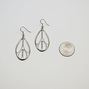 Oval Hippie Peace Sign Dangle Earrings Silver Finish Pewter