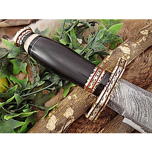 15 Inches long Damascus Steel Hunting Knife, 10" long custom made Hand Forged Damascus steel zig zag blade, Bull horn with engraved brass scale and finger guard, Cow hide Leather Sheath with belt loop